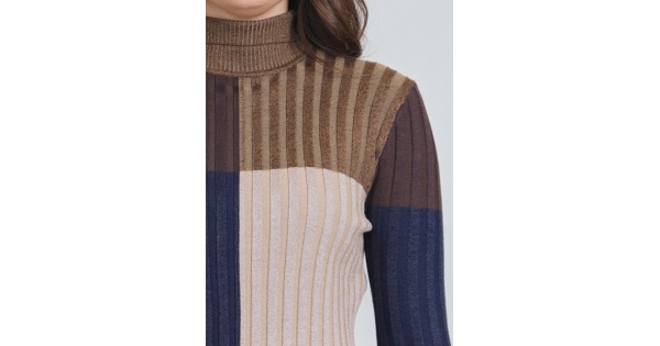 High Neck Sweater Multi Color Block And Ribbed Modest Women Clothing